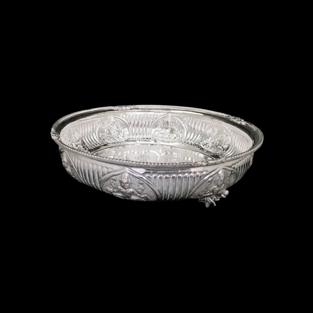 Curved edges floral silver thambulam plate - jewelnidhi.com