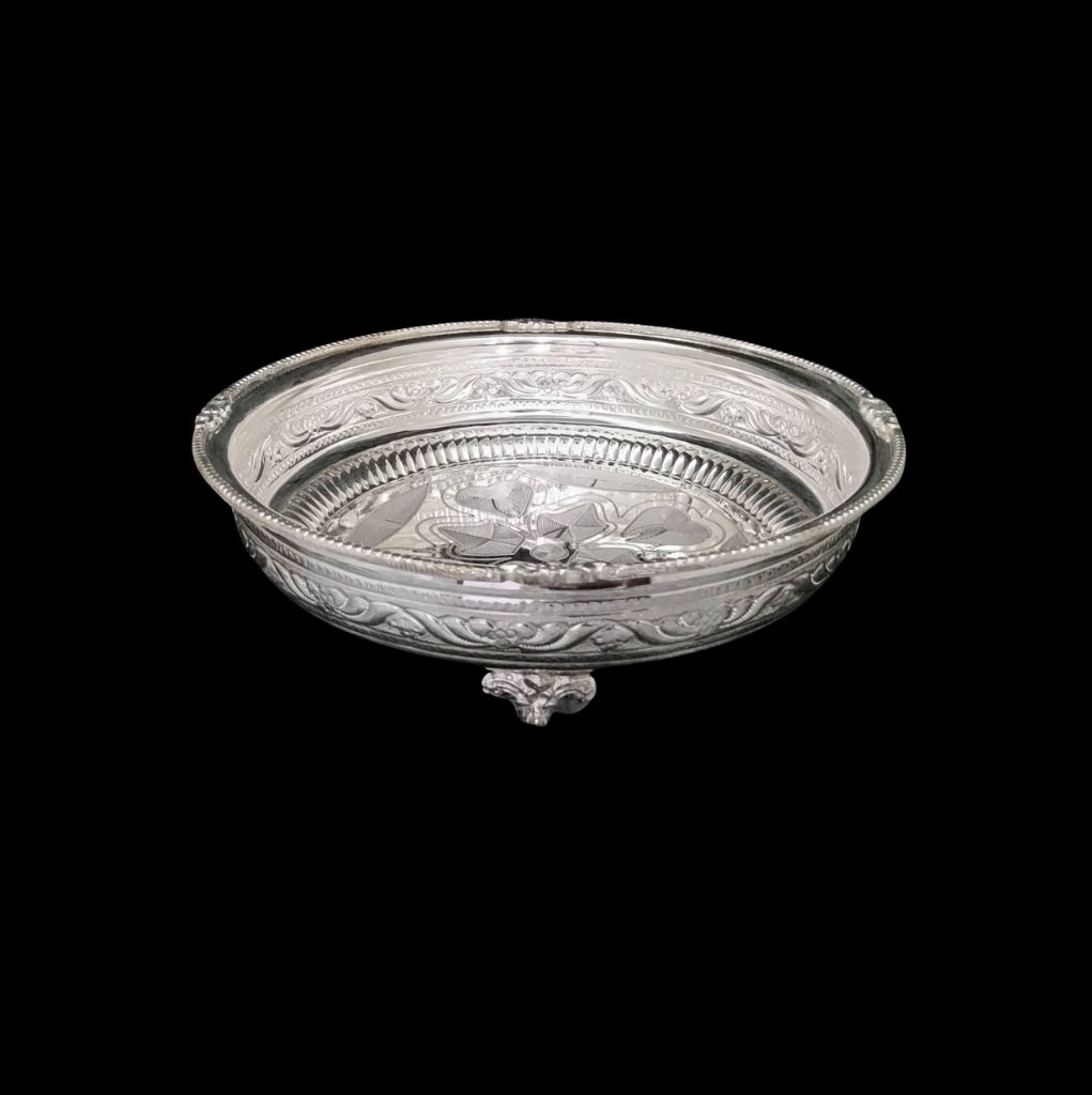 Curved edges floral silver thambulam plate - jewelnidhi.com