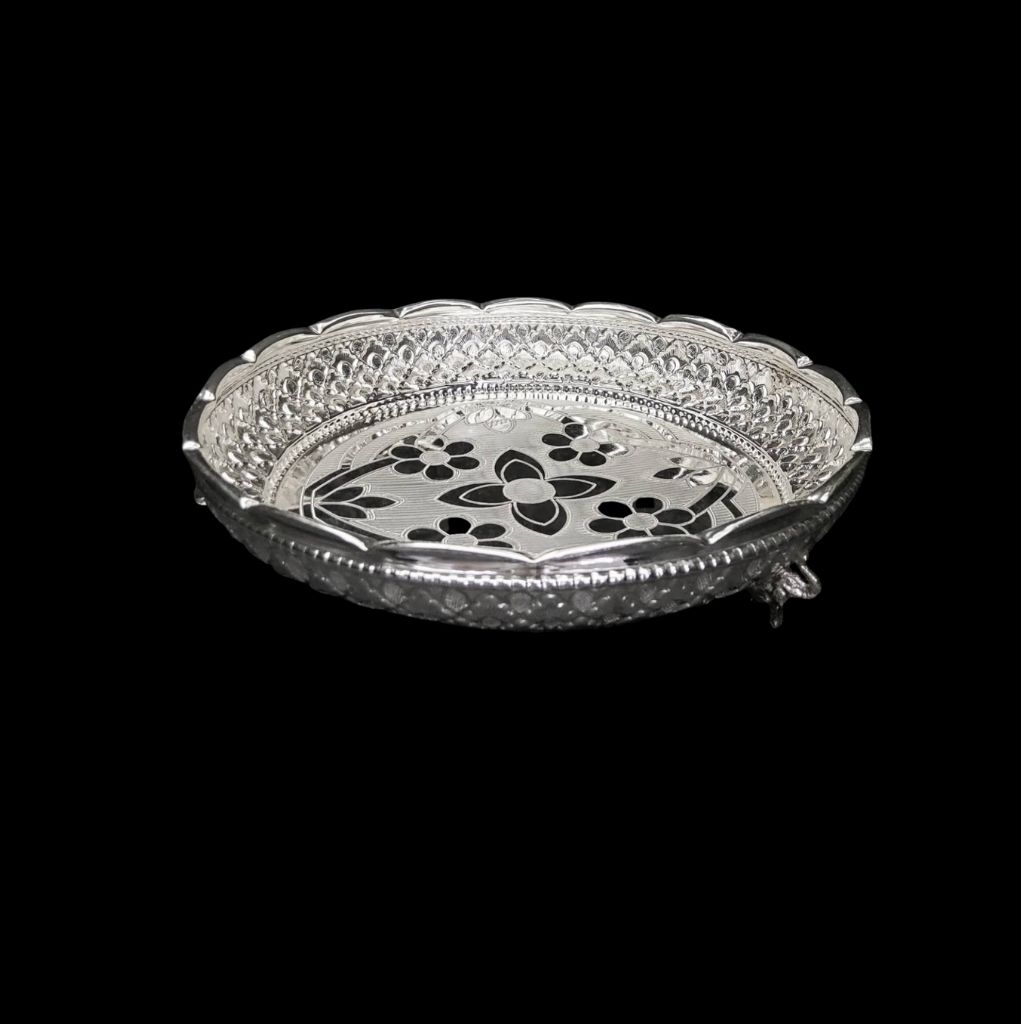 Curved edges floral silver thambulam plate - jewelnidhi.com