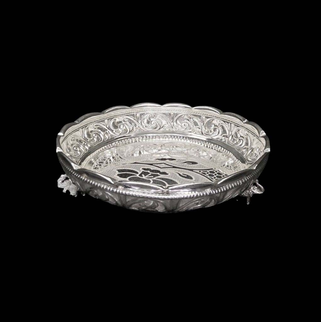 Curved edges floral silver thambulam plate - jewelnidhi.com