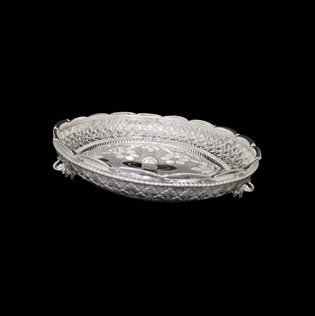Curved edges floral silver thambulam plate - jewelnidhi.com