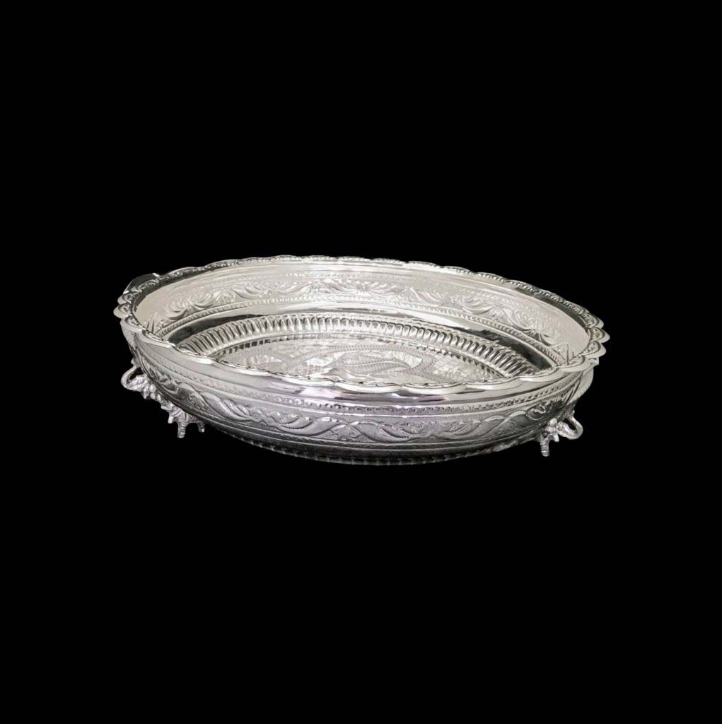 Curved edges floral silver thambulam plate - jewelnidhi.com